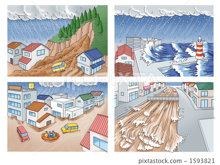 Damage to typhoons and torrential rains (4 types) - Stock Illustration ...