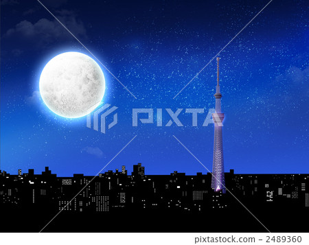 Tokyo Sky Tree and the Full Moon - Stock Illustration [2489360] - PIXTA