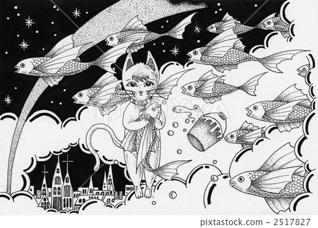 Cat catching fish - Stock Illustration [2517827] - PIXTA