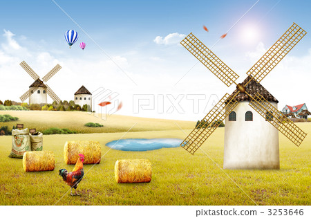 chicken, lake, wind mill - Stock Illustration [3253646] - PIXTA