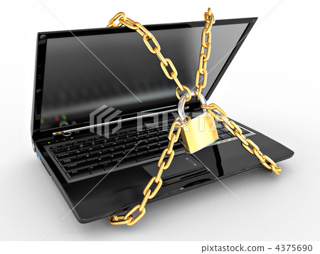 Laptop with chains and lock on white isolated... - Stock Illustration ...