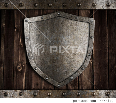 aged metal shield on wooden medieval gates - Stock Illustration ...