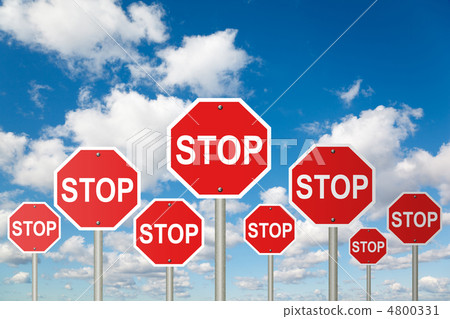 many stop signs on White, fluffy clouds in blue... - Stock Illustration ...