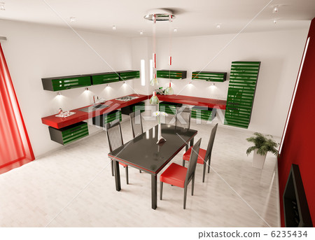 Interior of modern kitchen top view 3d render - Stock Illustration ...