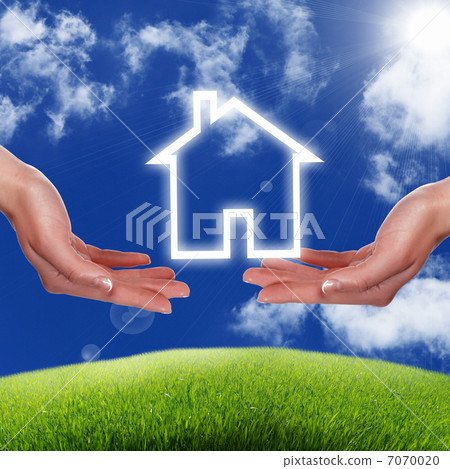 House and human hand against blue sky - Stock Illustration [7070020 ...