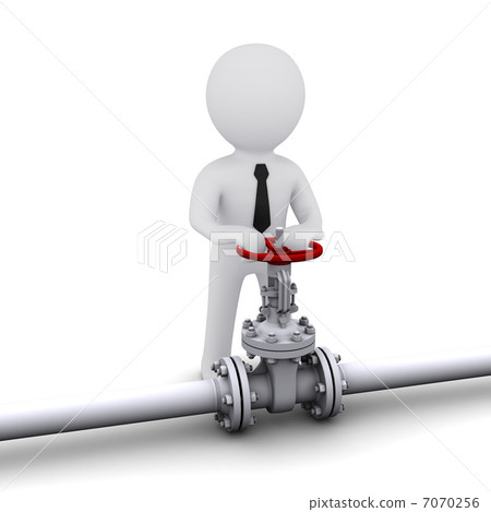 small three-dimensional man turns the valve - Stock Illustration ...