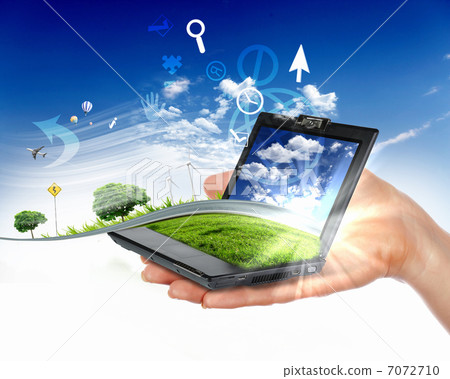 human hand holding notebook and nature landscape - Stock Illustration ...