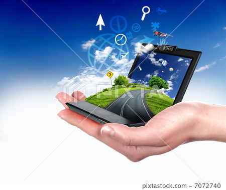 human hand holding notebook and nature landscape - Stock Illustration ...