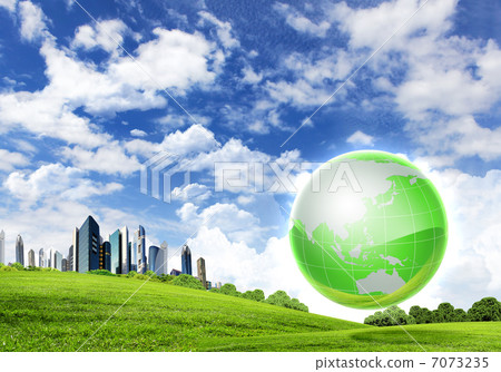 Green planet against blue sky and clean nature - Stock Illustration ...