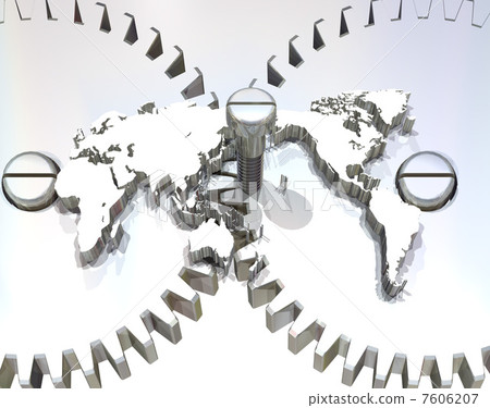 World map and stainless steel screw / gear - Stock Illustration ...