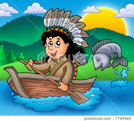 Native American Indian in boat - Stock Illustration [7794989] - PIXTA