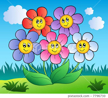 Five cartoon flowers on meadow - Stock Illustration [7796730] - PIXTA