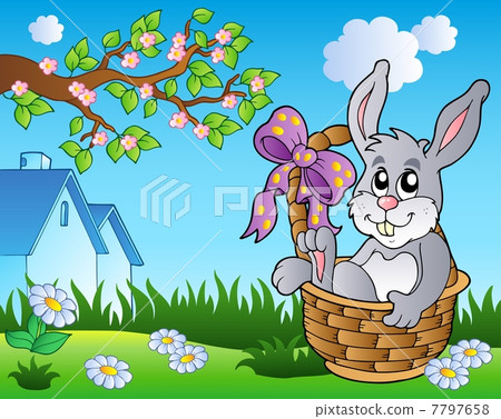 Spring meadow with bunny in basket - Stock Illustration [7797658] - PIXTA
