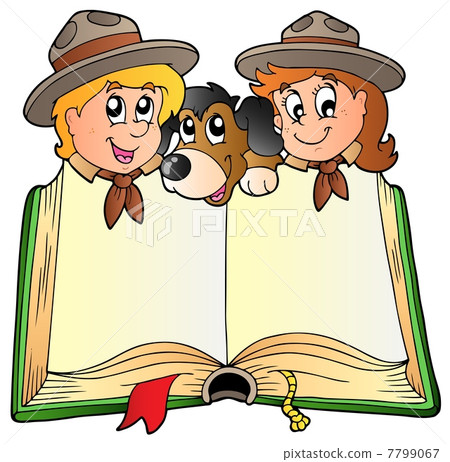 Opened book with two scouts and dog - Stock Illustration [7799067] - PIXTA