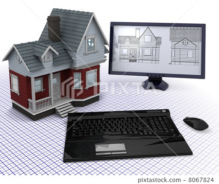 Classic Timber House with computer and blueprints - Stock Illustration ...
