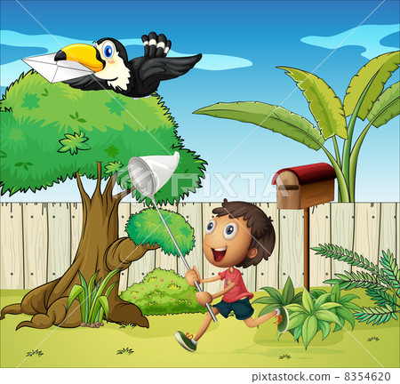 A boy catching the bird with an envelope - Stock Illustration [8354620 ...
