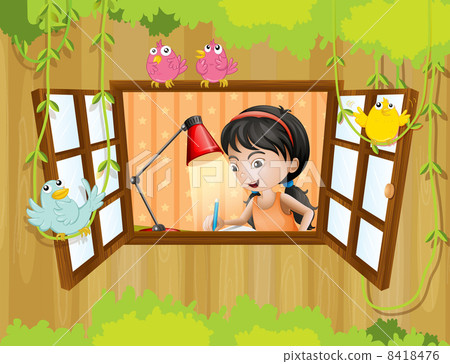 A girl studying near the window - Stock Illustration [8418476] - PIXTA