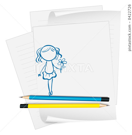A paper with a drawing of a girl holding a flower - Stock Illustration ...