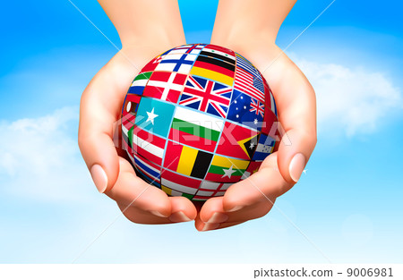 Flags of the world in globe and hand. Vector... - Stock Illustration ...