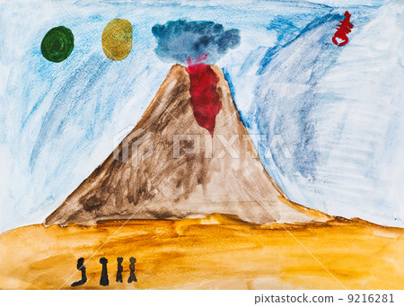 children drawing - people near active volcano - Stock Illustration ...