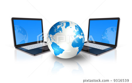 two Laptop computers around a world globe - Stock Illustration [9316539 ...