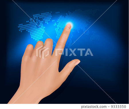 Finger touching world map on a touch screen.... - Stock Illustration ...