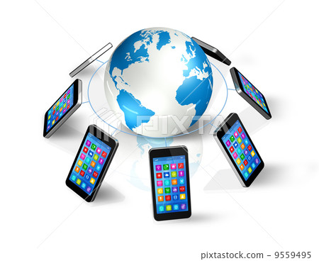 Smartphones Around World Globe, Global... - Stock Illustration [9559495 ...