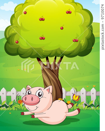 A playful pig under the cherry tree - Stock Illustration [9710074] - PIXTA