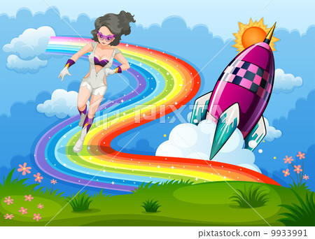 A superhero above the rainbow and a rocket - Stock Illustration ...