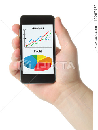 Man hand holds smart phone with graphs . - Stock Illustration [10067975 ...