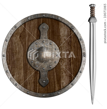 medieval wooden shield and sword isolated on white - Stock Illustration ...