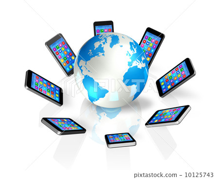 Smartphones Around World Globe, Global... - Stock Illustration ...