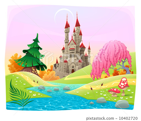 Mythological landscape with medieval castle. - Stock Illustration ...