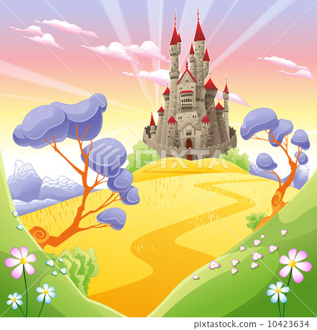 Mythological landscape with medieval castle. - Stock Illustration ...