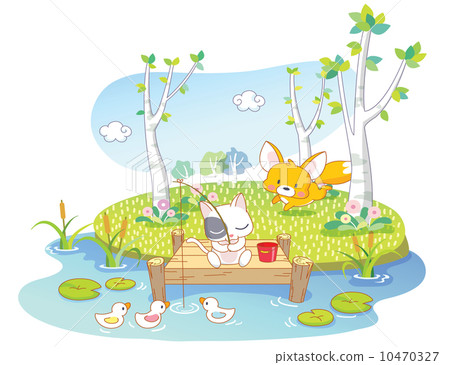 cartoon cat fishing in the river - Stock Illustration [10470327] - PIXTA