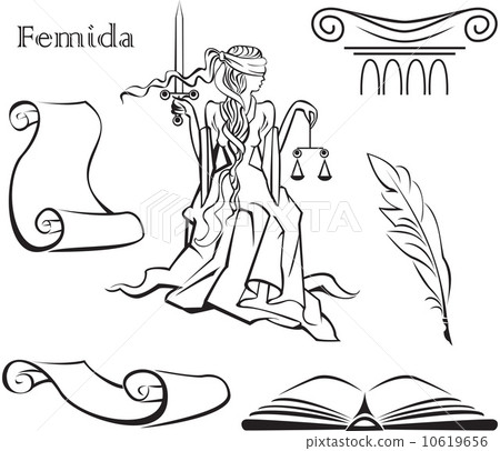Set of justice symbols (book, column, pen,... - Stock Illustration ...