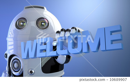 Robot holding WELCOME sign. Technology concept. - Stock Illustration ...