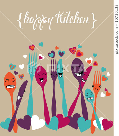 Happy kitchen silverware cartoon set - Stock Illustration [10736132 ...