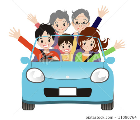 Three generations family and blue open car - Stock Illustration ...