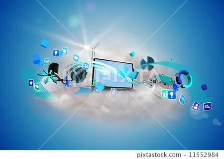 Laptop on a floating cloud with app icons - Stock Illustration ...
