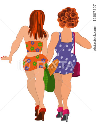 Cartoon two girls walking back view-插圖素材 [11607307] - PIXTA圖庫