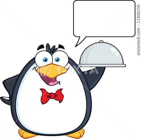 Waiter Penguin Serving Food On A Platter With... - Stock Illustration ...