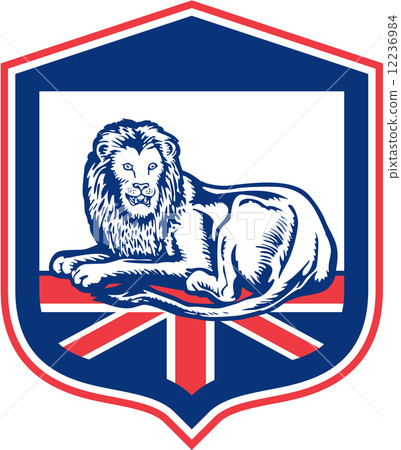 Lion Lying British Flag Shield Retro - Stock Illustration [12236984 ...