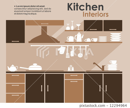Kitchen interior in flat infographic style - Stock Illustration ...