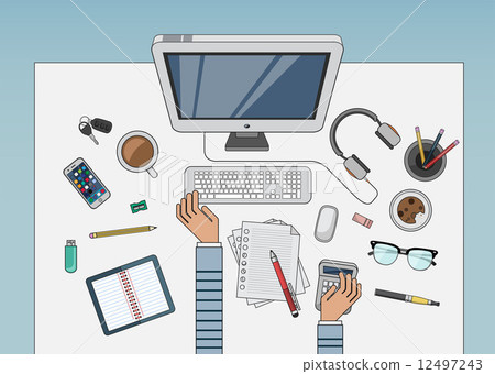 Desk with computer and other accessories vector - Stock Illustration ...