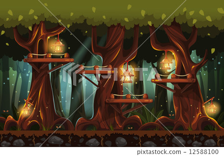 fairy forest at night with flashlights,... - Stock Illustration ...
