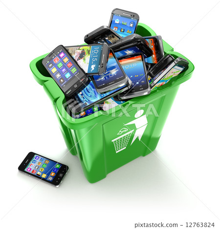 Mobile phones in trash can isolated on white... - Stock Illustration ...