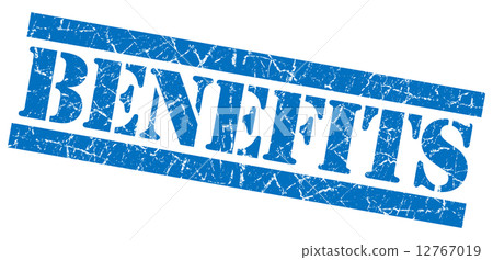 Benefits blue square grunge textured stamp... - Stock Illustration ...