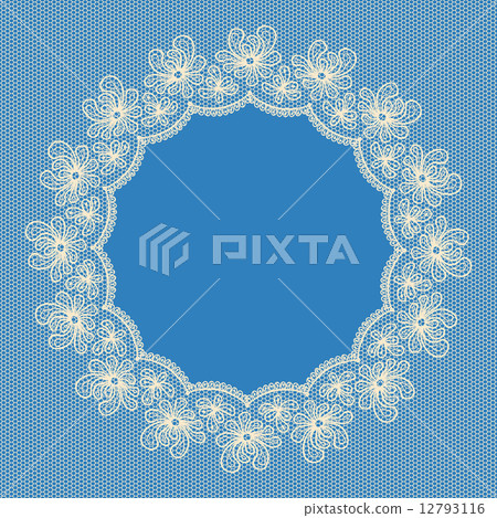 Round white lacy frame on blue background. - Stock Illustration ...