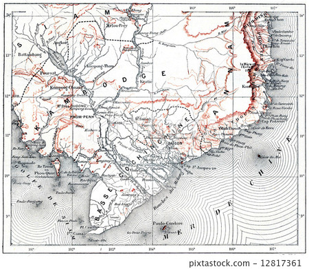 Map of lower Cochinchina and Cambodia, vintage... - Stock Illustration ...